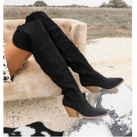 Shoes | New Black Thigh High Western Style Bedazzled Cowboyboots | Poshmark